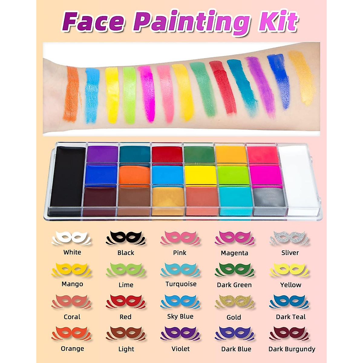 Fantastory Face Paint Kit 158pcs - 20 Colors with Glitters, Stencils, Hair Chalks, Tattoo Stickers, Brushes, Sponges & Guide - Professional Water-Based Body & Face Paint for Halloween, Suitable