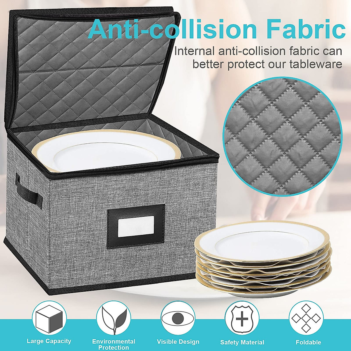 China Storage Containers-Quilted Dish Storage Containers with Lid Hard Shell for Moving Transport, Dinnerware Storage,Stackable Plate Storage,24 Felt Plate Dividers Included,2PACK 12*12*8in(Dark Grey)