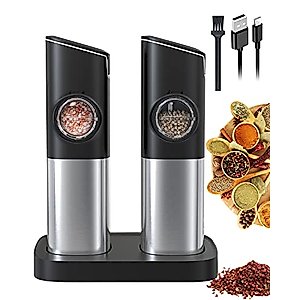 SENZER Gravity Electric Salt and Pepper Grinder Set, Automatic Pepper Mill Refillable Spice Grinder with LED Light Charging Base for Kitchen 2 Pack