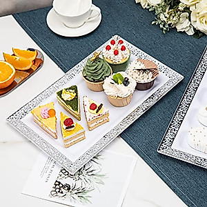 BBG 12Pcs Plastic Silver Serving Trays and Platters Set, 13.77 * 8.46” White with Silver Lace Design, Rectangular Plastic Food Platters, Disposable Serving Tray for Party Weddings Reception Buffet