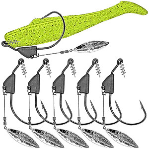 Underspin-Jig-Heads-Swimbait-Hooks-with-Spinner Blades Weighted Fishing Hooks 6 Pack (Silver, Size 3/0,3/16oz 5.4g, 6-pack)