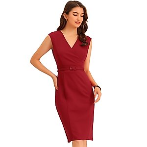 Allegra K Sheath Dress for Women's Sleeveless V Neck Business Office Belt Pencil Dresses Small Red