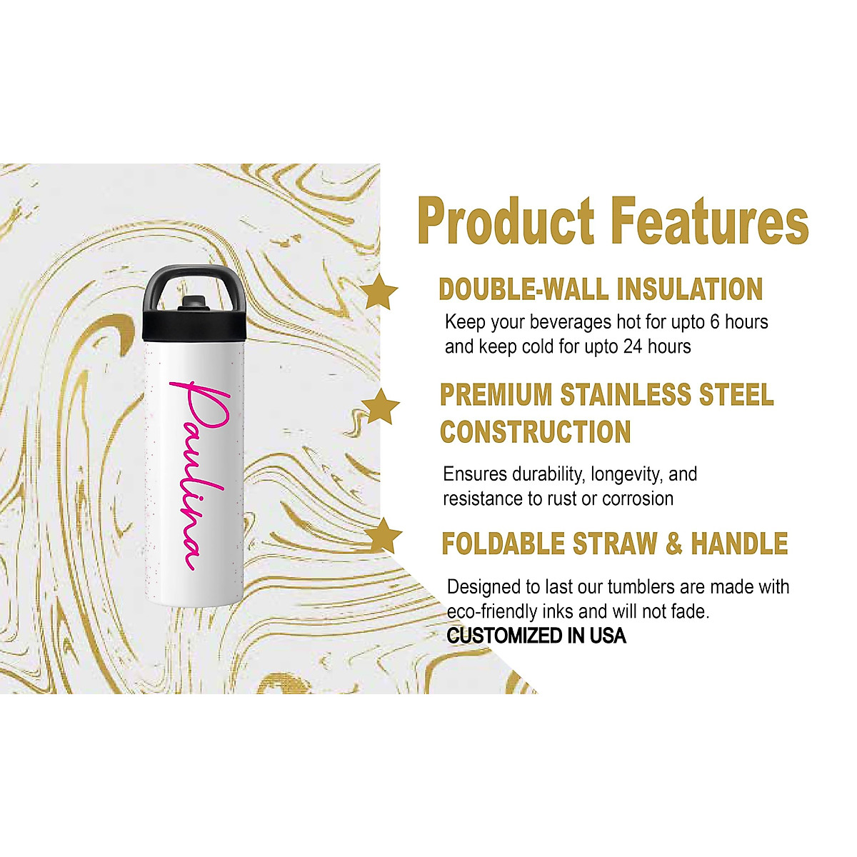 Personalized Flip Top 25oz Gym & Camp Water Bottle - 750ml Pink Glitter Effect with Name - Custom Sports Bottle