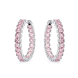 Bridal Square Simulated Pink Tourmaline Cubic Zirconia Brilliant Princess Cut AAA CZ Inside Out Statement Hoop Earrings For Women Prom Silver Plated 1.25 Diameter