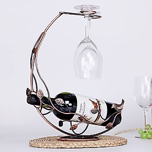 Ecostan Wine Holder Stand &Kitchen Tabletop Decoration，Metal Wine Bottle Rack for Holds 1 Bottle 2 Glasses（Bronze）