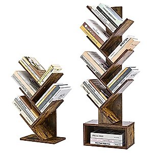 Hoctieon 2-Set Tree Bookshelf, Shelf Bookcase, Modern Book Storage, Free Standing Tree Bookcase, Utility Organizer Shelves for Home Office, Living Room, Bedroom, Rustic Brown(2 Pack)