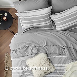 Bedsure Twin Comforter Set 5 Pieces, Grey Striped Bedding Set for Twin Size Bed Reversible, Cationic Dyeing Bed in a Bag with Comforter, Sheets, Pillowcase & Sham