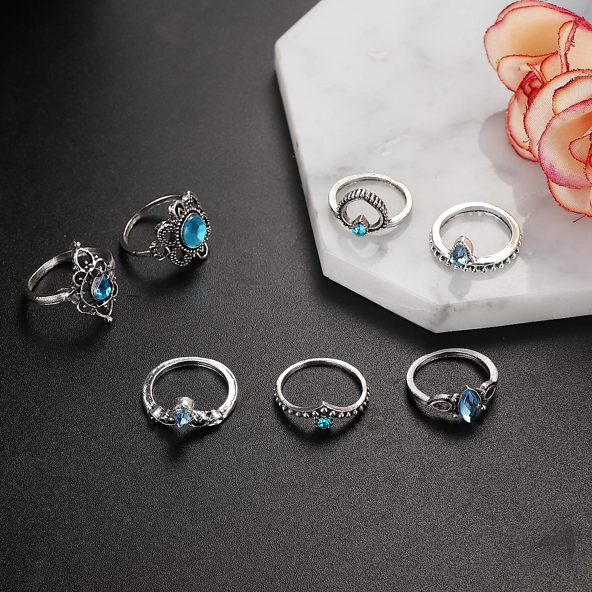 LOYALLOOK 132PCS Bohemia Knuckle Ring Set Women Hollow Silver Fashion Finger Rings Vintage Stackable Knuckle Midi Rings Set, Boho