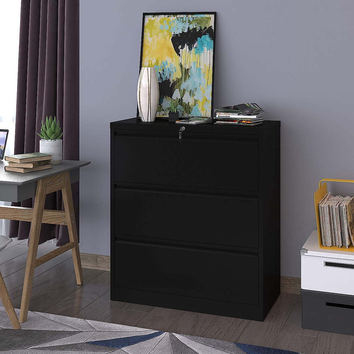 YITAHOME 2 Drawer Lateral File Cabinet, Stainless Steel Wide Lateral File Cabinet with Lock, Metal Filing Storage Cabinet for Legal/Letter A4 Size, Assembly Required，Office Organizer (Black)