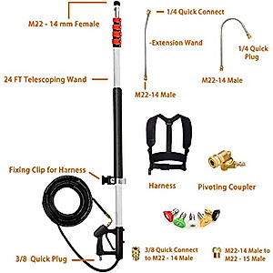 Zebby 20 FT Pressue Washer Telescopic Wand Lance Kit with Power Washer Extension, Adapters, Spray Nozzle Tips, Pivoting Coupler and Support Belt, 4000 PSI