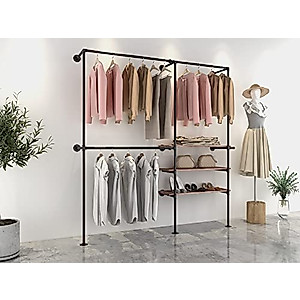 ONOTETUT Industrial Pipe Clothing Rack with Shelves,Industrial Clothing Rack for Hanging Clothes,75 Inch Wall Mounted Clothes Rack,Wall Clothes Rack,Industrial Pipe Clothes Rack With Wood Planks