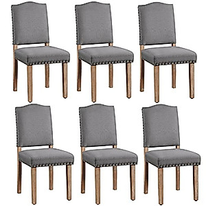 Yaheetech Dining Chairs Fabric Side Chair with Solid Wood Legs Parson Chairs with Nailhead Trim for Home Kitchen Living Room, Dark Gray, 6pcs