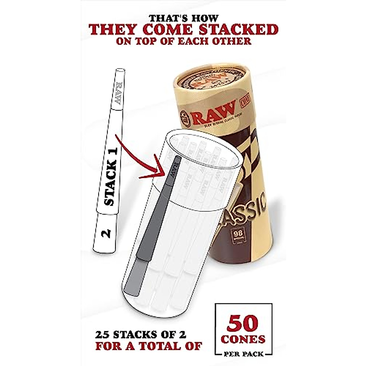 RAW Cones Classic 98 Special | 50 Pack | Natural Pre Rolled Rolling Paper with Tips & Packing Tubes Included