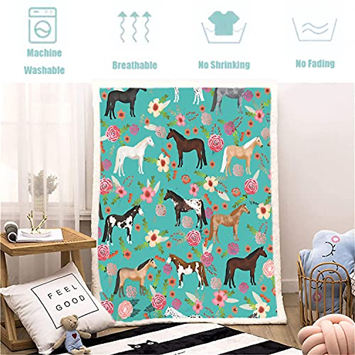 Horse Blanket Various Horse 3D Printing Throw Blanket Super Soft Flower Fleece Blanket Animal Horse Sherpa Blanket Horse Gifts for Girls and Women Sofa Couch Bed and Office (Green, 51 X 59 in)