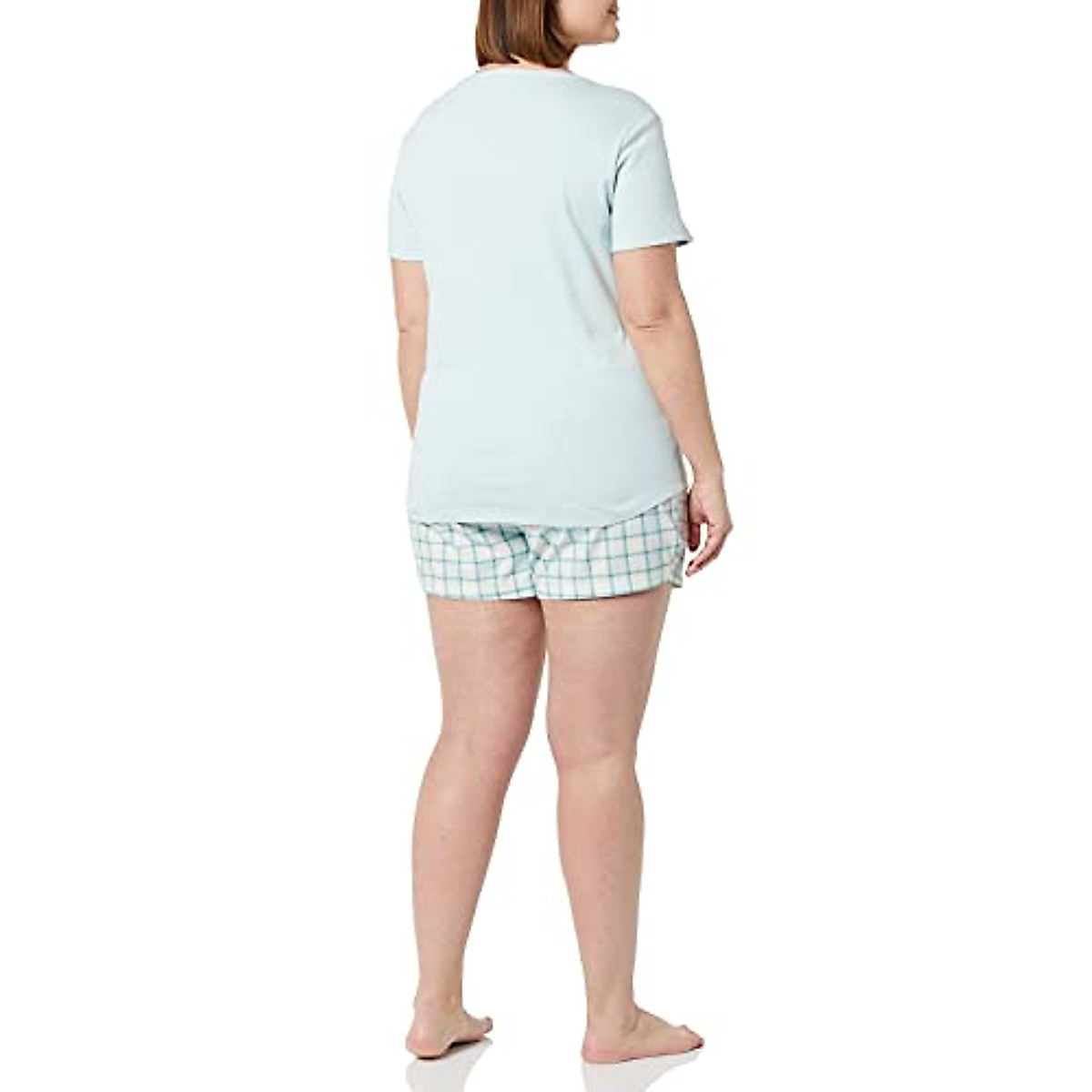 Amazon Essentials Women's Lightweight Flannel Short and Cotton T-Shirt Sleep Set, Light Blue Plaid, Small