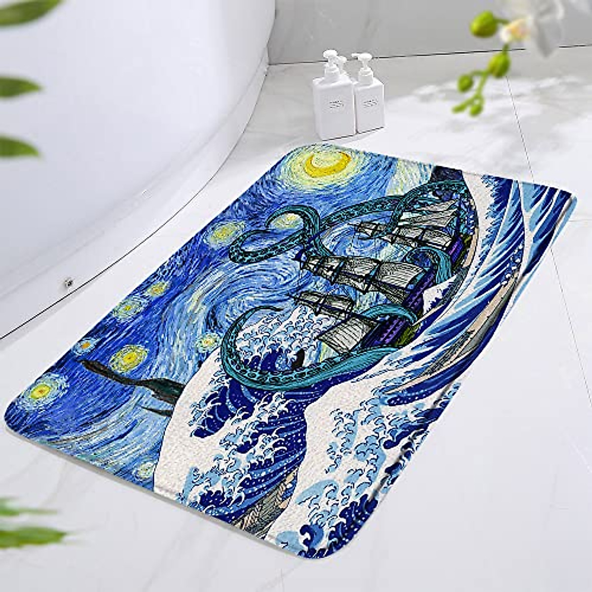 Octopus Tentacle Bath Mats Kraken Japanese Waves Starry Sky Marine Life Bathroom Rugs Beach Soft Absorbent Flannel Shower Floor Carpet Non-Slip Backing 18x30 Inch