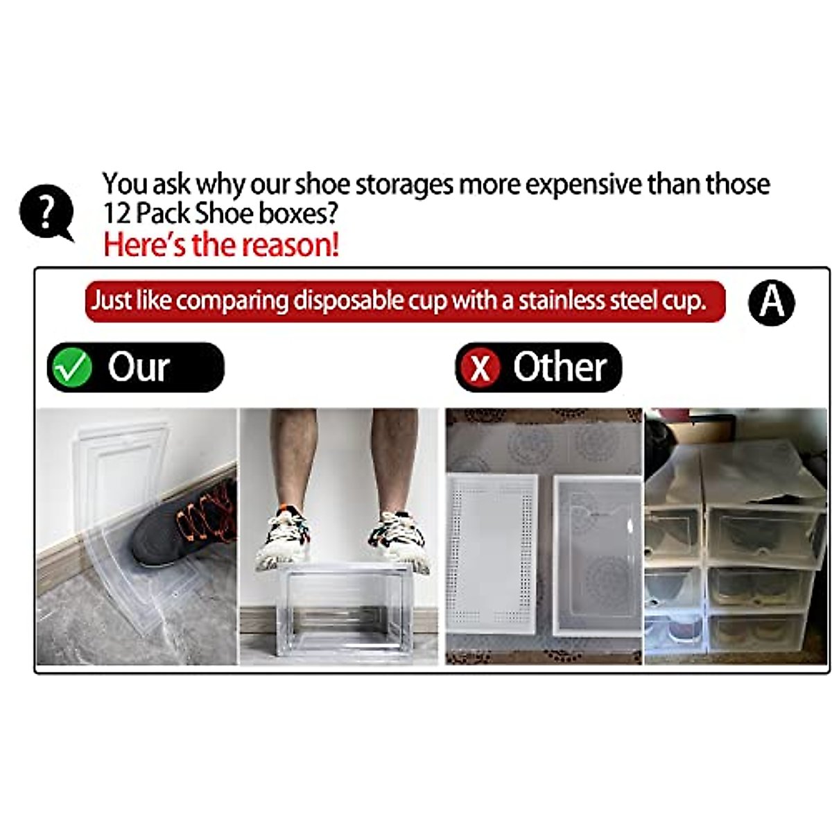 Drop Front Shoe Storage Box, Set of 6 Shoe Boxes Clear Plastic Stackable with Acrylic Lids, Shoe Organizer Containers for Closet, Shoe Case for Display Sneakers, Fit up to US Size 12 (XL, Clear)