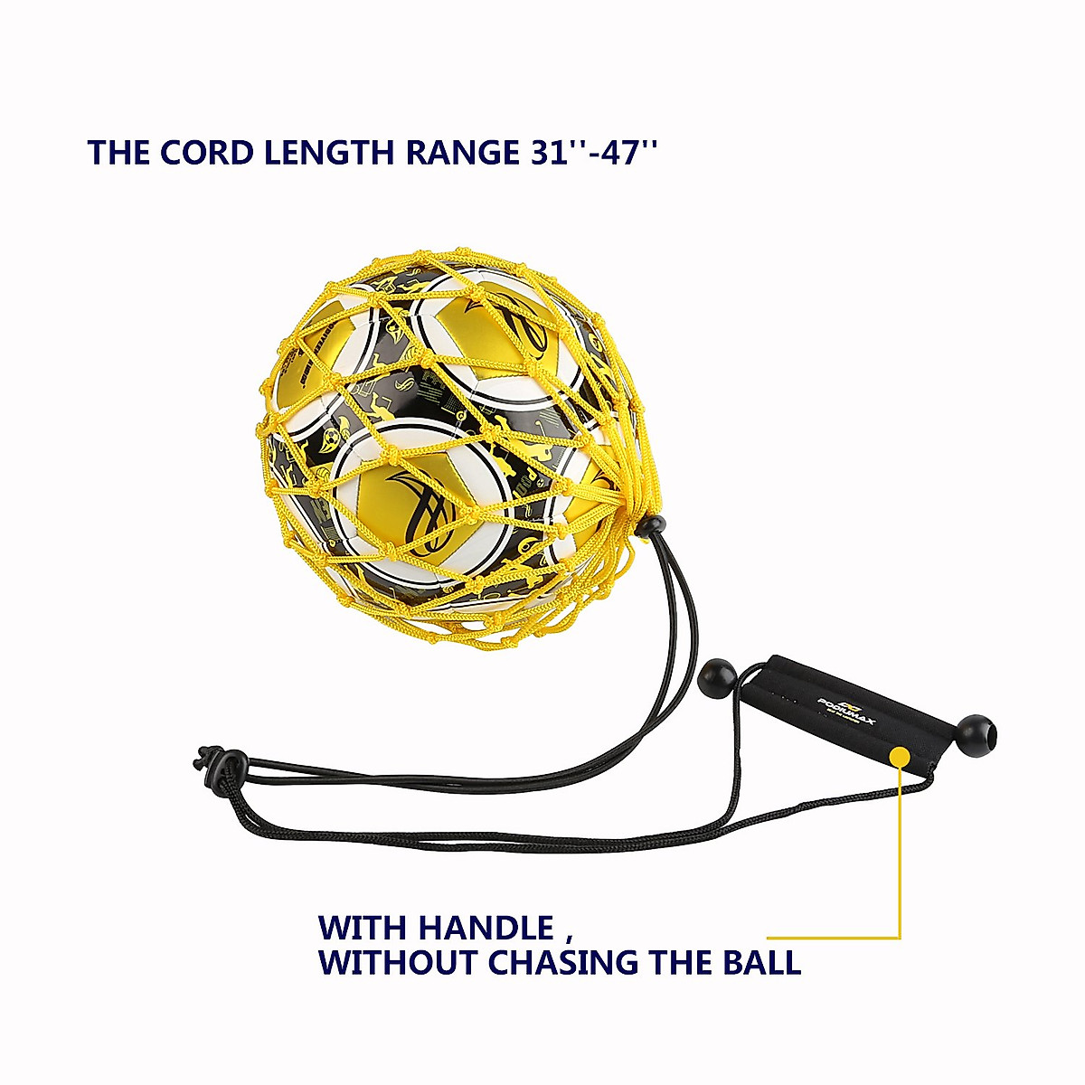 PodiuMax Handle Solo Soccer Kick Trainer with New Ball Locked Net Design, Soccer Ball Bungee Elastic Training Juggling Net (Fits Ball Size 3, 4, 5) (Yellow)