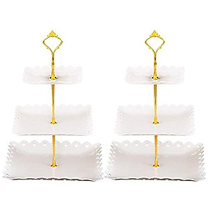 Agyvvt Set of 2 Pcs 3-Tier Plastic Dessert Stand Square Cupcake Serving Tray for Home Wedding Birthday Party (White)