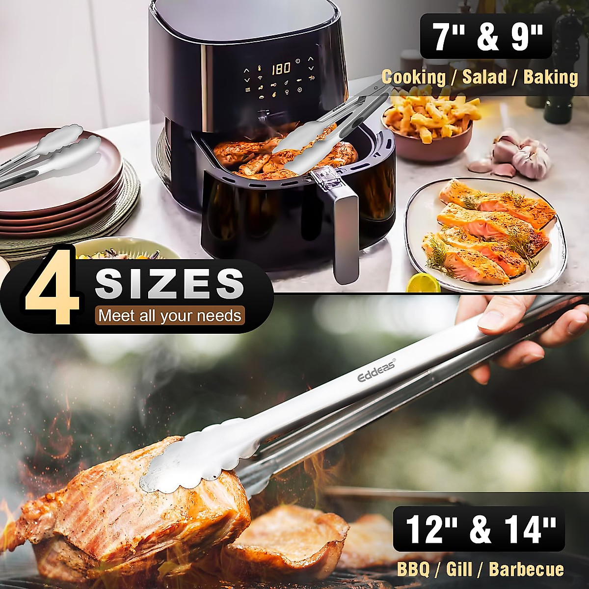 EDDEAS Tongs For Cooking - Heat Resistant 600 Degrees Metal Kitchen Tongs, Heavy Duty Stainless Steel Tongs - Perfect for Food, BBQ Set of 4, 7-9-12 &14 inch Grey