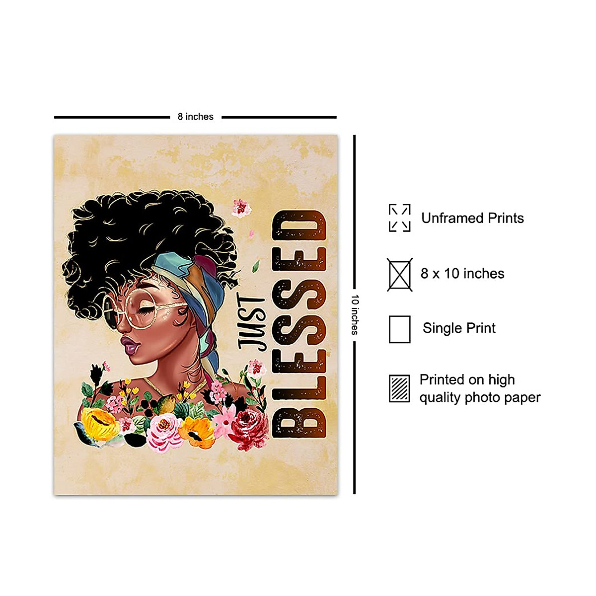 Black Women Woman Wall Art - Blessed Wall Decor - African American Girl Poster Picture Print - Bedroom, Living Room, Home Office, Bathroom - Cute Boho Inspirational Positive Motivational Friend Gifts