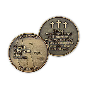 Footprints in The Sand Coin, Resting and Peace, Antique Gold Plated Christian Challenge Coin. During Your Times of Trial and Suffering, I Carried You. I Will Give You Rest, Matthew 11:28 Gift