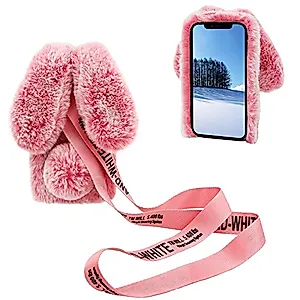 DasKAn for Samsung Galaxy S23 5G 3D Bunny Ears Plush Case with Crossbody Strap, Winter Warm Handmade Bling Diamond Soft Rabbit Fluffy Furry Fur Shockproof Protective Phone Cover, Pink