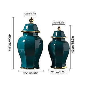 Handmade Green Hexagon Ginger Jar Vase Ornament, Home & Living Room Decorative Jar, Gold-Plated Ceramic Temple Jar (Size : Large)