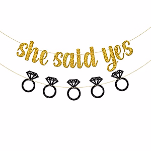 Belrew She Said Yes Banner, Wedding, Engagement Party Decor, Bridal Shower Party Decoration Supplies, Glittery Gold & Black