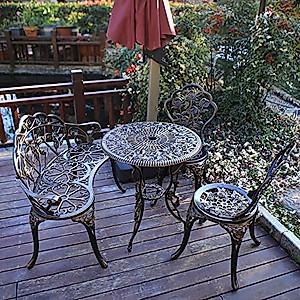 KAI LI 4-Piece Balcony Tables and Chairs, 1 Table, 2 Round Chairs and 1 Bench, Metal cast Aluminum, Bistro Suit, Garden Bench, Rose Pattern (Bronzed)