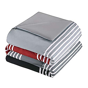 Comfort Spaces Twin Comforter Sets with Sheets - Bed in a Bag 6 Pieces Teen Bedding Sets Twin, Red and Grey Stripes Bedding Twin, College Twin Bed Set with 2 Side Pockets Bedroom Organizer