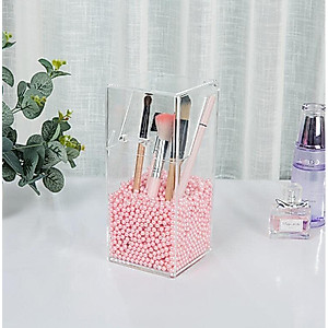 Jucoan Clear Acrylic Makeup Brush Holder with Lid, Pink Pearls, Cosmetic Makeup Brushes Holder with Cover, Brush Storage Organizer Case for Bathroom, Bedroom, Vanity, Countertop