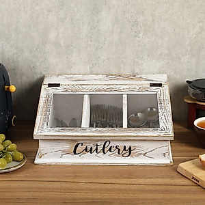 MyGift 3-Compartment Whitewashed Solid Wood Cutlery Tray Box Organizer with Clear Acrylic Hinged Lid & Black Cursive"CUTLERY" Label, Dining Utensil Holder