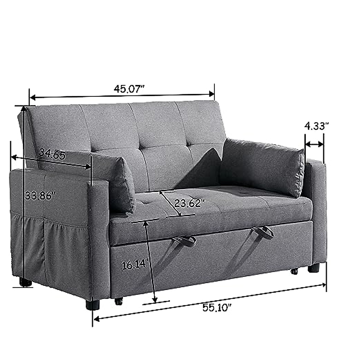 Haplized Loveseat Sleeper Sofa Bed, Dark Grey Linen Fabric Convertible Sleeper Sofa with Pull-Out Couch Bed & Adjustable Cushions Backrest, Reclining Loveseat with Side Pocket for Living Room