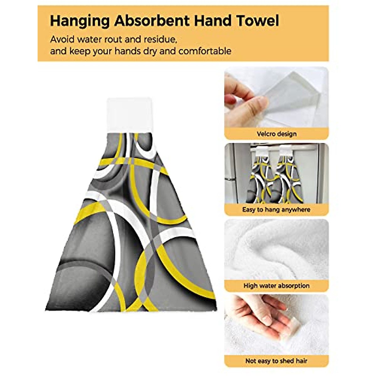 LBDOMOV Yellow Geometry Kitchen Hand Towel, Soft Hanging Dish Towels with Loop for Bathroom, Abstract Modern Grey Art Decor Absorbent Drying Cleaning Cloth Dishclothes Decorative Sets, 2-PC