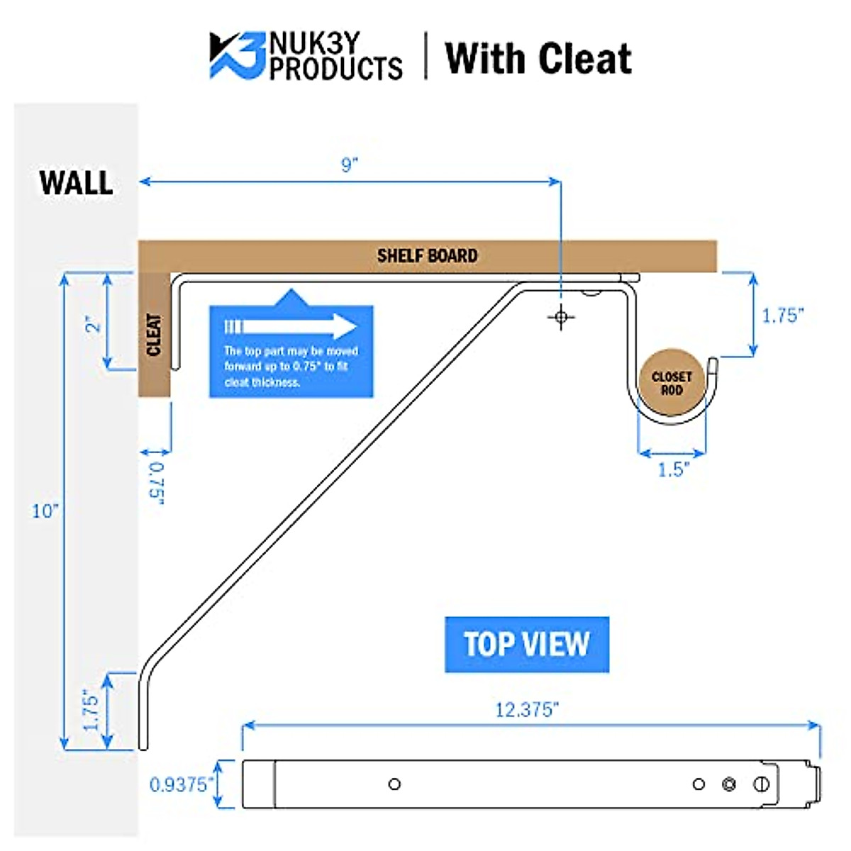 Nuk3y Heavy Duty Adjustable Shelf Rod Support Bracket (White)