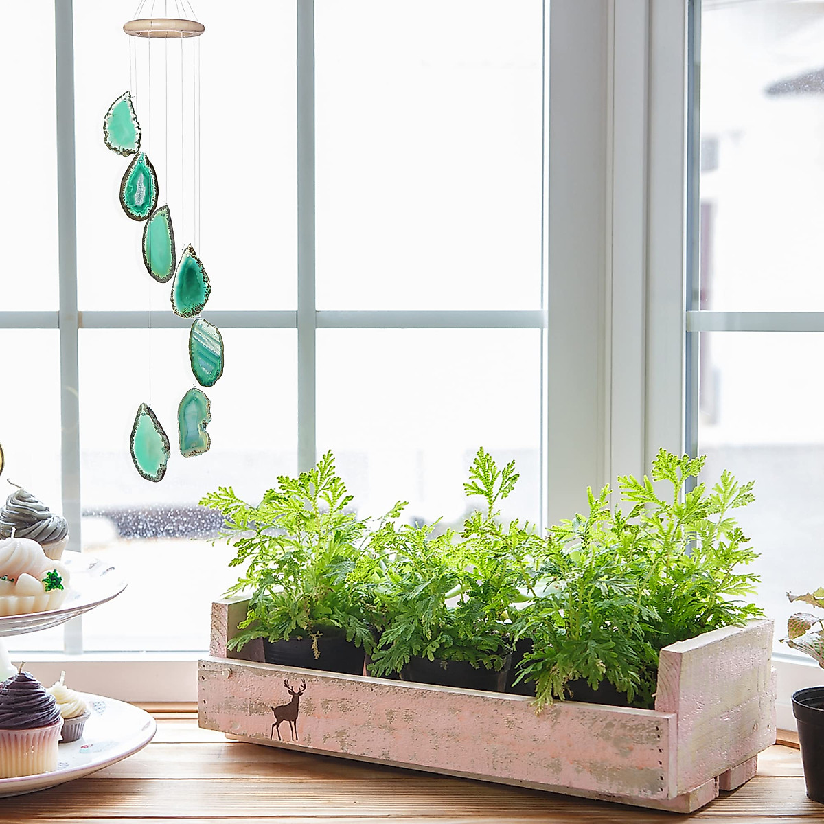 Cozy Tower Green Agate Wind Chimes for Outside Unique, Outdoor Home Garden Decor Geode Hanging Decorations