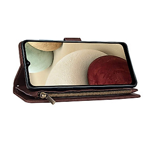 LBYZCASE Phone Case for Galaxy A12,Samsung A12 Wallet Case,Luxury Folio Flip Leather Cover[Zipper Pocket][Wrist Strap][Kickstand] for Samsung Galaxy A12 (Coffee)