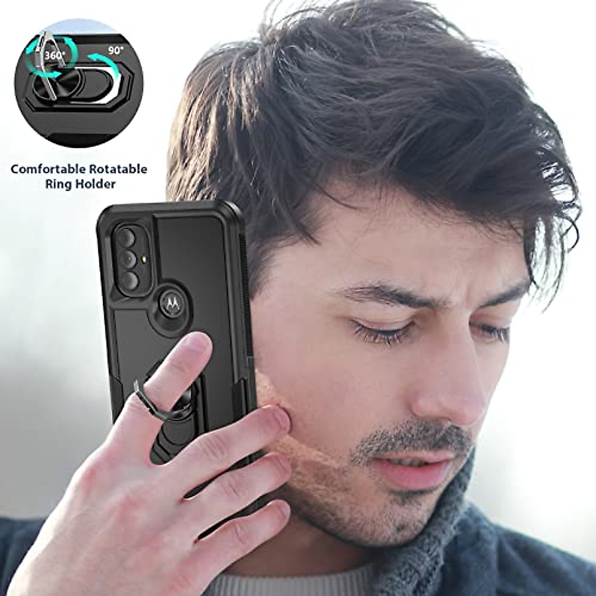 BNIUT for Motorola Moto G Play 2023 Case: Moto G Power 2022 Case/Moto G Pure 2021 Case - Dual Layer Protection Magnetic Kickstand Phone Cover with Ring Holder & Screen Protector (Matte Black)