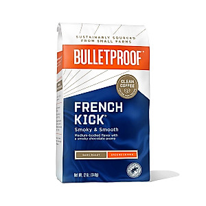French Kick Ground Coffee, Dark Roast, 12 Oz, Bulletproof Keto Friendly 100% Arabica Coffee, Certified Clean Coffee, Rainforest Alliance, Sourced from Guatemala, Colombia & Brazil