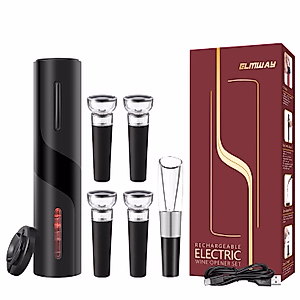 ELMWAY Electric Wine Opener Set, Rechargeable Wine Bottle Opener with Foil Cutter / 4 x Vacuum Stoppers/Premium Wine Aerator Pourer, Wine Corkscrew Remover, Automatic Wine Opener Gifts(Black)