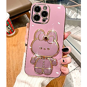 for iPhone 14 Pro Max Case for Women Girls,6D Cute Hidden Rabbit Bunny Stand Mirror Design,Luxury Plating Glitter Soft Silicone Makeup Girly Phone Case with Camera Cover for iPhone 14 Promax Purple