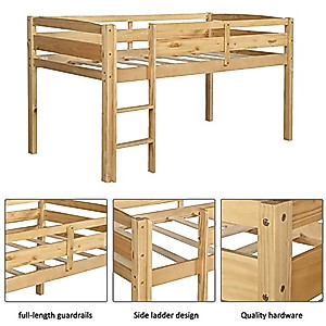 OTRIEK Twin Size Low Wood Loft Bed Frame with Ladders and Guard Rails for Boys Girls and Junior, No Box Spring Needed, Under Bed Storage (Walnut)
