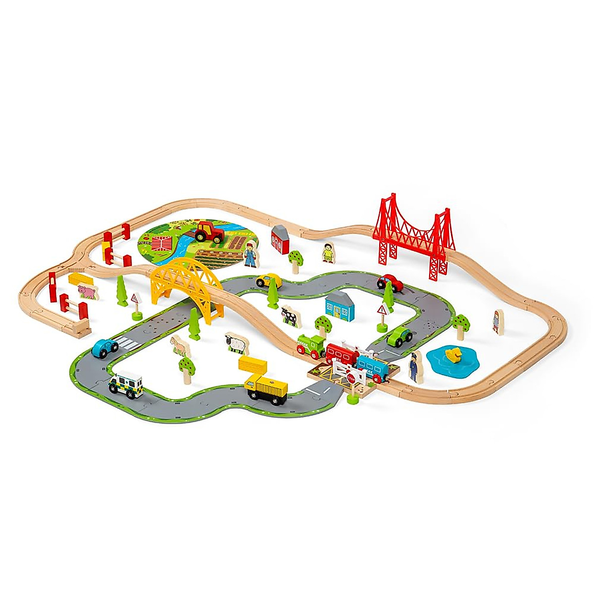Bigjigs Rail 80 Piece Rural Road and Rail Wooden Train Set - Kids Train Set with 80 Bigjigs Train Accessories incl. Bridges & a Level Crossing for Pretend Play
