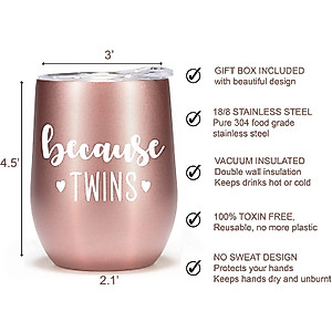 Twin Mom Gifts - 12oz Wine Glass Tumbler Cup- Funny Mom of Twins Gifts, Mother of Twins, Parents of Twins, Because Twins Travel Coffee Mug