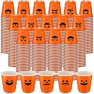 Lounsweer 100 Pcs Halloween Plastic Glasses Cups 2 Oz Disposable Cups Grimace Mini Party Plastic Glasses for Halloween Birthday Tasting Serving Samples Cups, Orange