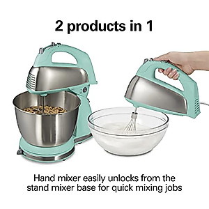 Hamilton Beach Classic Stand and Hand Mixer, 4 Quarts, 6 Speeds with QuickBurst, Bowl Rest, 290 Watts Peak Power, Blue (64658)
