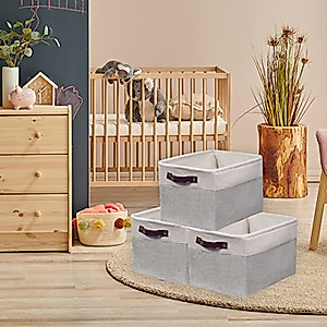 Simple Houseware 3 Pack Grey Fabric Storage Bin with Leather Like Handles