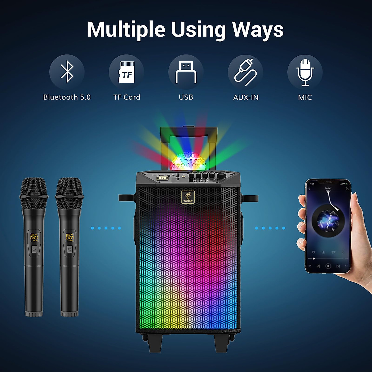 Wireless Karaoke Machine for Adults, TONOR PA System Portable Bluetooth Singing Speaker with Dual Wireless Microphones Microfono, Disco Ball for Home Karaoke, Party, Class and Church K20