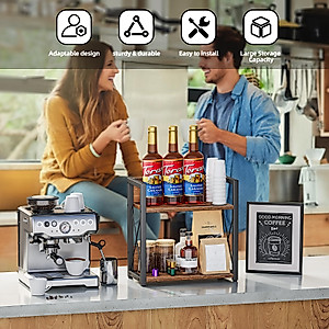 Giikin Counter Shelf Organizer, 2 Tier Kitchen Spice Rack for Countertop, Wood Coffee Counter Organizer for Home (Rustic Brown)